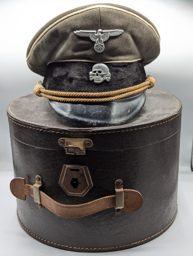 AMAZING WAFFEN SS TOTENKOPF OFFICER VISOR CAP with original case of issue