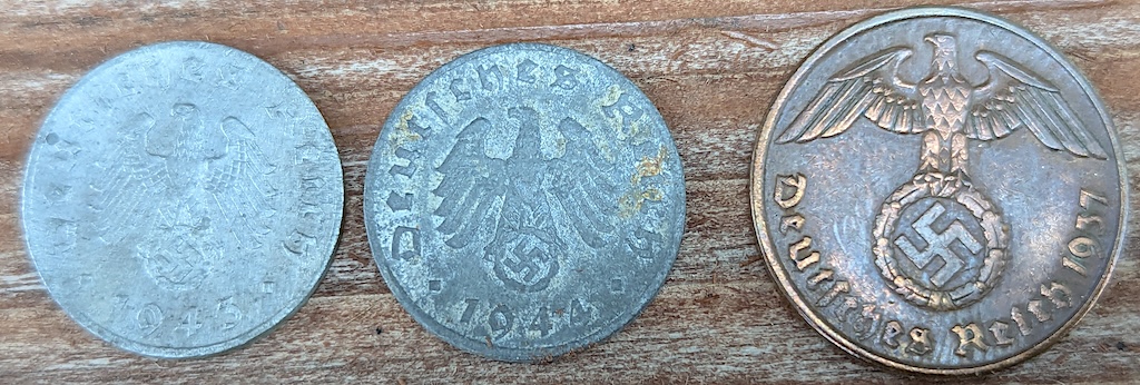 WW2 GERMAN NAZI lot of 3 DEUTSCHE COINS THIRD REICH ORIGINAL PERIOD WAR ...