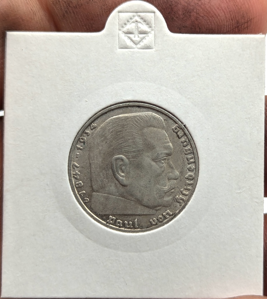 WW2 german Nazi Third Reich HINDENBURG silver coin 2 REICHS MARK