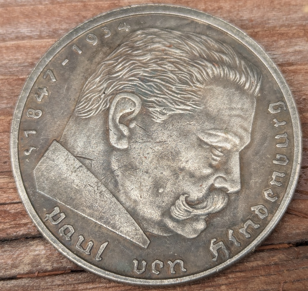 WW2 GERMAN NAZI very large Hindenburg COIN 5 reichs mark THIRD REICH ...