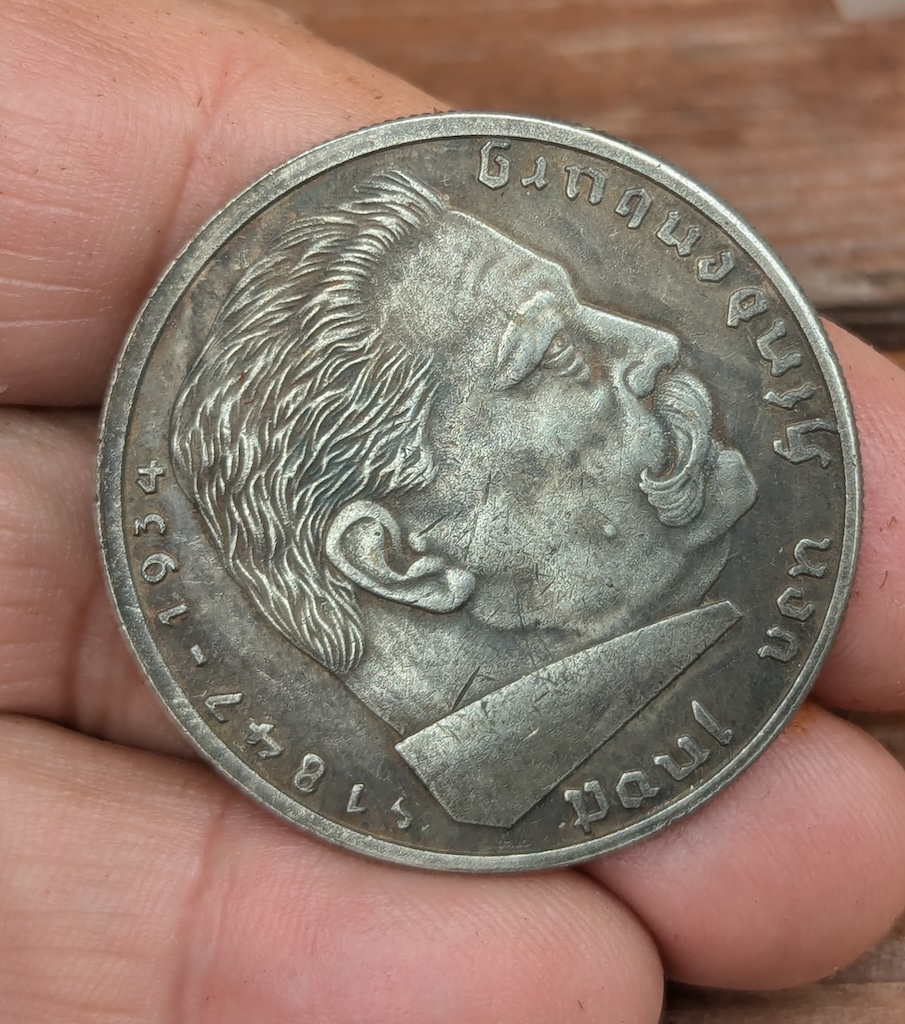 WW2 GERMAN NAZI very large Hindenburg COIN 5 reichs mark THIRD REICH ...