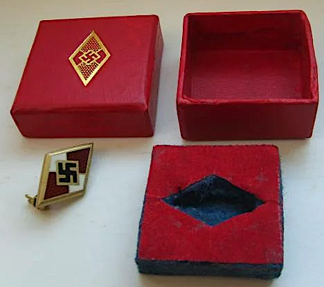 RARE WW2 German Nazi golden hj hitler youth gold diamond pin badge marked RZM in original case ...