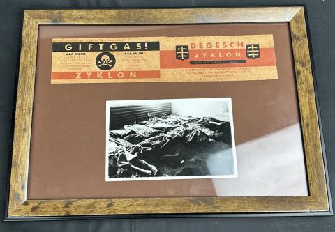 Zyklon B canister label in frame with holocaust photo Concentration Camp