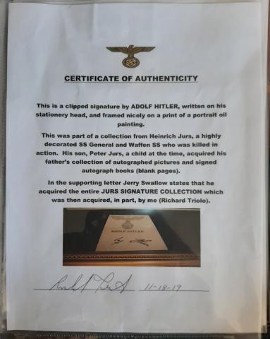 WW2 GERMAN NAZI ORIGINAL SIGNATURE OF ADOLF HITLER IN A FRAME WITH COA ...